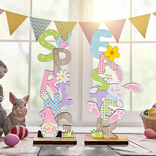 Easter Tabletop Decoration Signs, Easter Table Centerpieces Wooden Bunny Gnomes Decorations Family Signs for Spring Holiday Easter (2PCS)