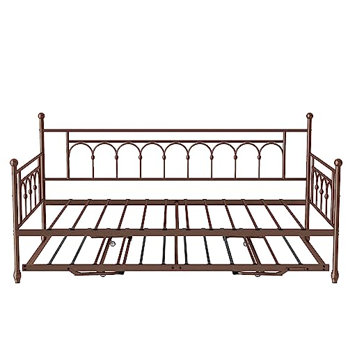 kuurfuurdo Twin Daybed with Trundle Bed, Day Bed with Trundle Bed Twin Pop Up, Metal Daybed Frame, Steel Slat Support Twin Trundle Bed Frame for Kids Teens Adults, No Box Spring Needed