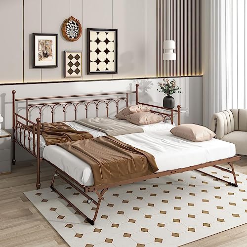 kuurfuurdo Twin Daybed with Trundle Bed, Day Bed with Trundle Bed Twin Pop Up, Metal Daybed Frame, Steel Slat Support Twin Trundle Bed Frame for Kids Teens Adults, No Box Spring Needed