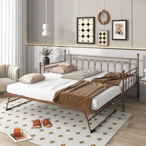 kuurfuurdo Twin Daybed with Trundle Bed, Day Bed with Trundle Bed Twin Pop Up, Metal Daybed Frame, Steel Slat Support Twin Trundle Bed Frame for Kids Teens Adults, No Box Spring Needed