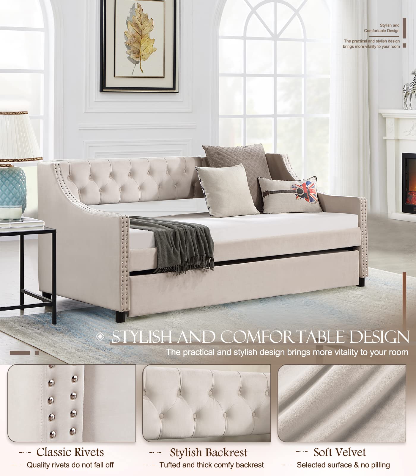 Obuvar Twin Size Daybed with Trundle, Upholstered Velvet Day Bed Frame with Tufted Button, Modern Furniture Sofa Bed for Living Room, Bedroom, Guest Room, Dorm, No Box Spring Needed, Beige