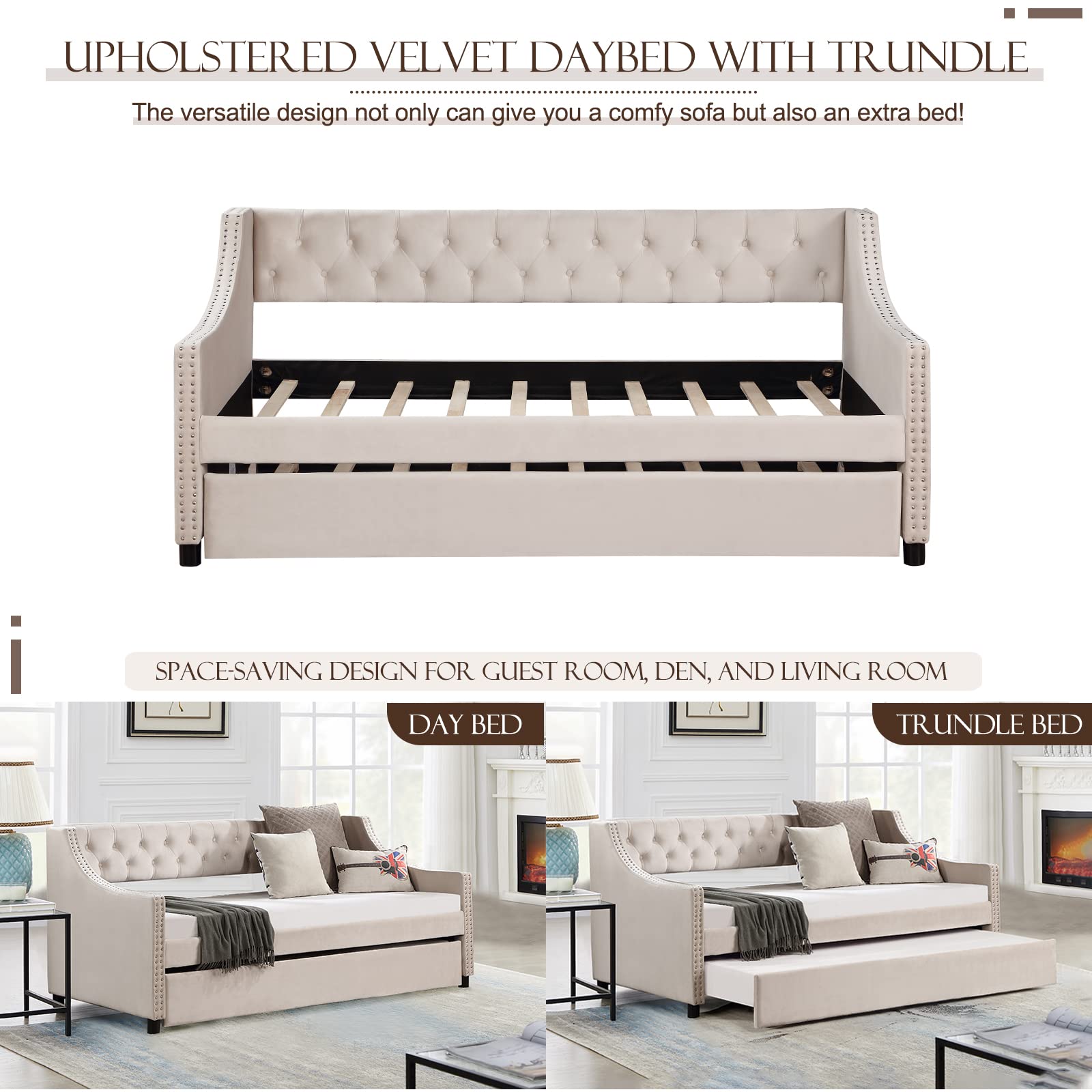 Obuvar Twin Size Daybed with Trundle, Upholstered Velvet Day Bed Frame with Tufted Button, Modern Furniture Sofa Bed for Living Room, Bedroom, Guest Room, Dorm, No Box Spring Needed, Beige