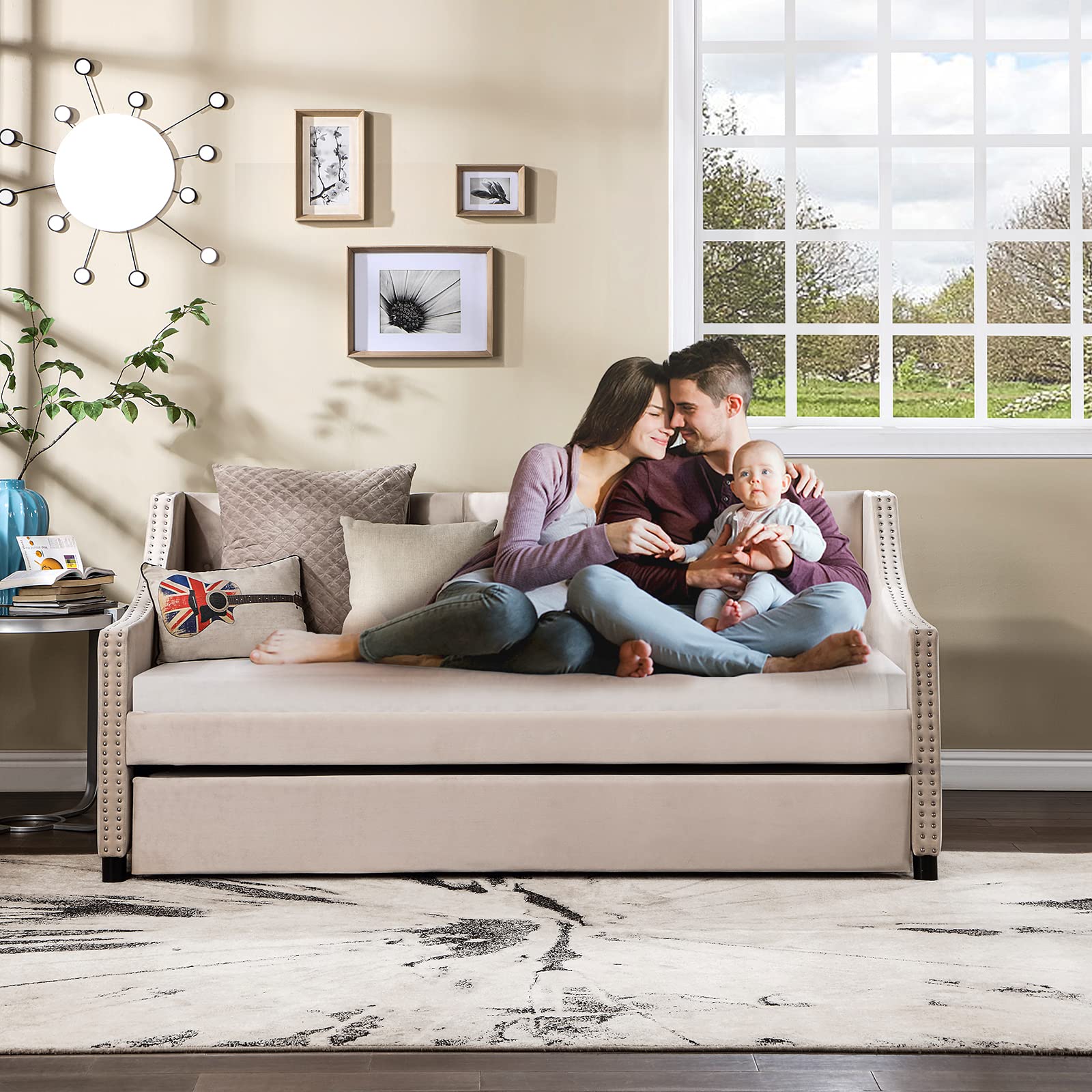 Obuvar Twin Size Daybed with Trundle, Upholstered Velvet Day Bed Frame with Tufted Button, Modern Furniture Sofa Bed for Living Room, Bedroom, Guest Room, Dorm, No Box Spring Needed, Beige