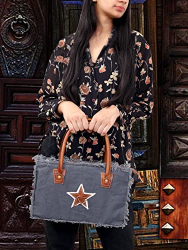 Ruzioon Upcycled Canvas Hand Bag, Canvas & Cowhide Tote Bag, Canvas Tote Bag, Cowhide Leather Handbags, Canvas Shoulder Bags for Women