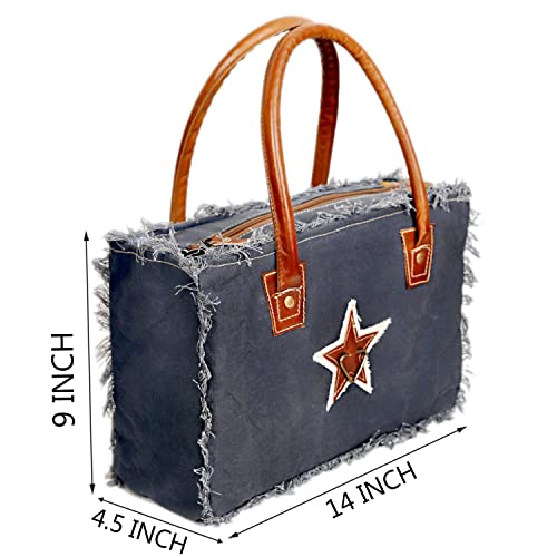 Ruzioon Upcycled Canvas Hand Bag, Canvas & Cowhide Tote Bag, Canvas Tote Bag, Cowhide Leather Handbags, Canvas Shoulder Bags for Women
