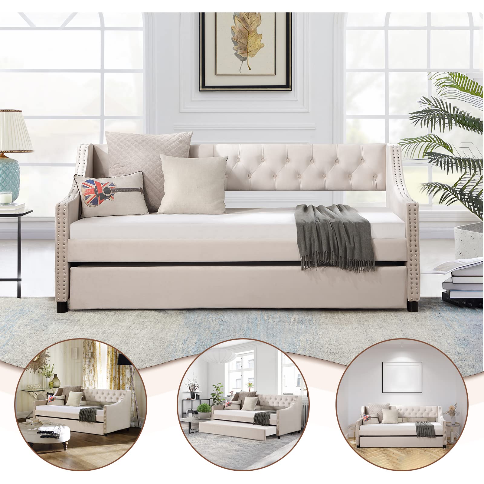 Obuvar Twin Size Daybed with Trundle, Upholstered Velvet Day Bed Frame with Tufted Button, Modern Furniture Sofa Bed for Living Room, Bedroom, Guest Room, Dorm, No Box Spring Needed, Beige
