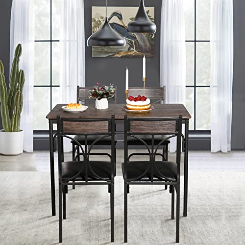 VECELO 5 Piece Kitchen Table Set for Dining Room,Dinette,Breakfast Nook,Industrial Style 4, Vintage Brown