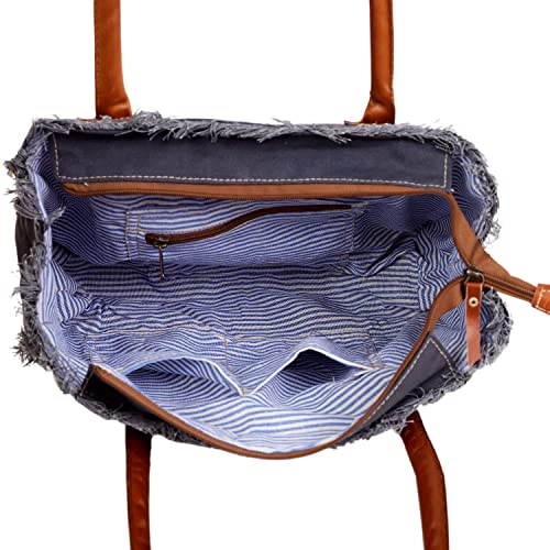 Ruzioon Upcycled Canvas Hand Bag, Canvas & Cowhide Tote Bag, Canvas Tote Bag, Cowhide Leather Handbags, Canvas Shoulder Bags for Women