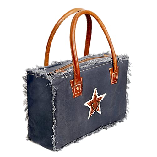 Ruzioon Upcycled Canvas Hand Bag, Canvas & Cowhide Tote Bag, Canvas Tote Bag, Cowhide Leather Handbags, Canvas Shoulder Bags for Women