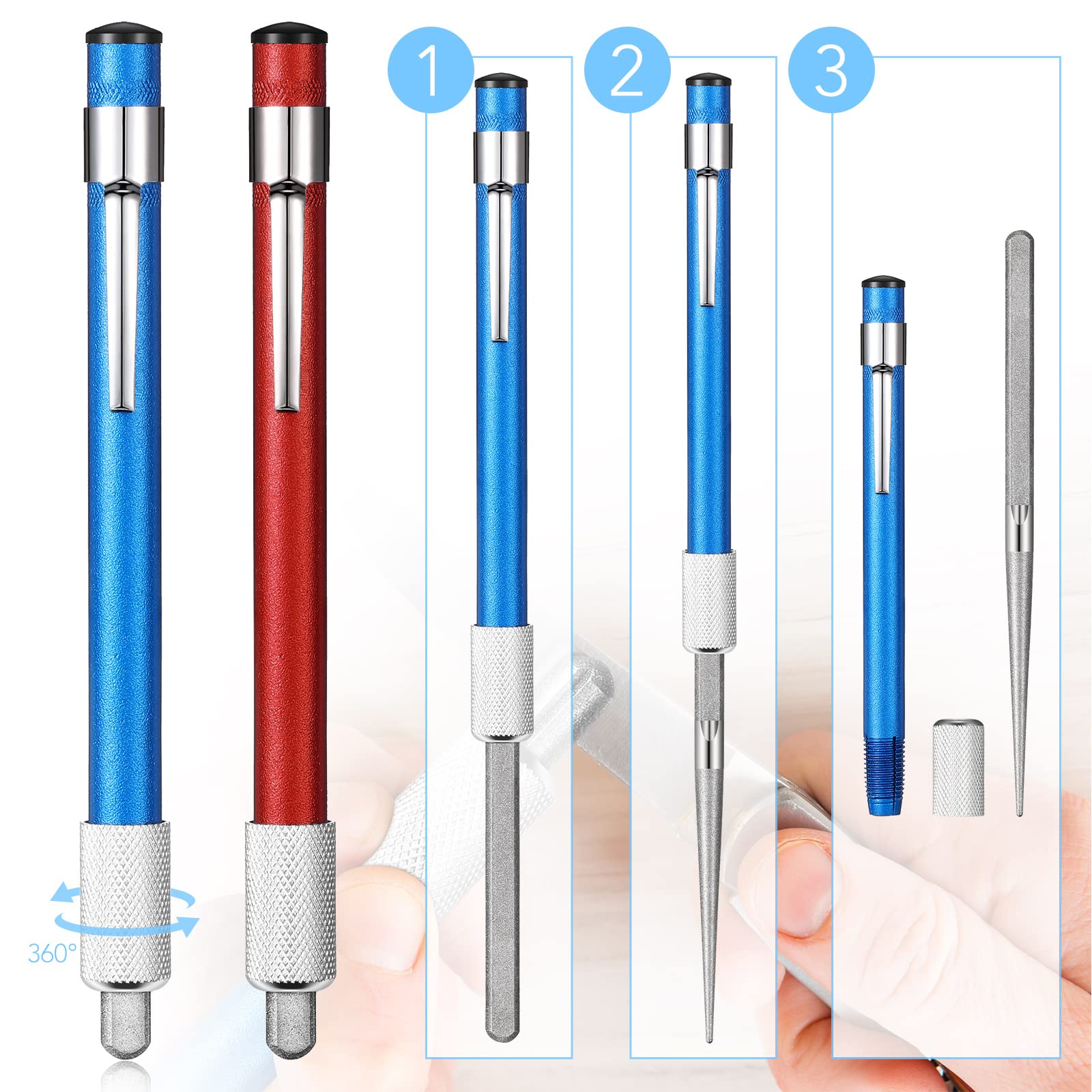 2 Pieces Diamond Retractable Knife Sharpener Steel Sharpening Rod for Kitchen Outdoor Serrated Stick Tools (Sky Blue, Red)