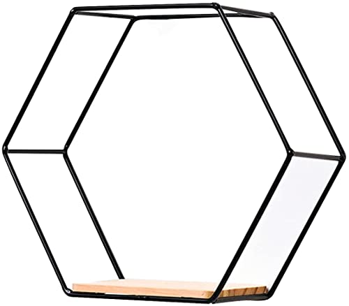 U-M Hexagon Floating Wood Book Shelves, Iron Storage Holder Wall-Mounted Multifunctional Nordic Style Geometric Firm Hexagonal Shelf for Home Bedroom Bathroom Black S1 Nice Design