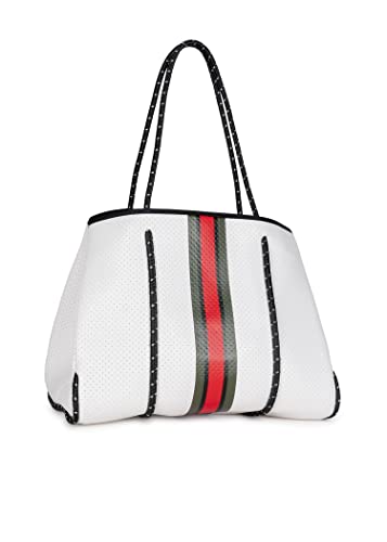 Haute Shore - Greyson Trento Neoprene Tote Bag w/Zipper Wristlet Inside, White Coated W/Red, Black & Green Stripe