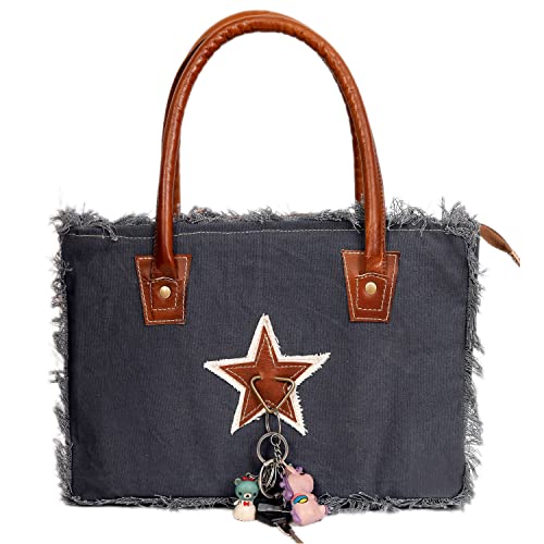 Ruzioon Upcycled Canvas Hand Bag, Canvas & Cowhide Tote Bag, Canvas Tote Bag, Cowhide Leather Handbags, Canvas Shoulder Bags for Women