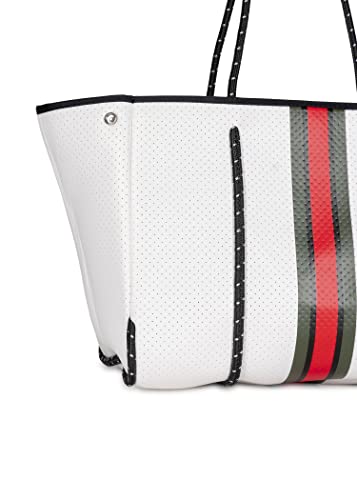 Haute Shore - Greyson Trento Neoprene Tote Bag w/Zipper Wristlet Inside, White Coated W/Red, Black & Green Stripe