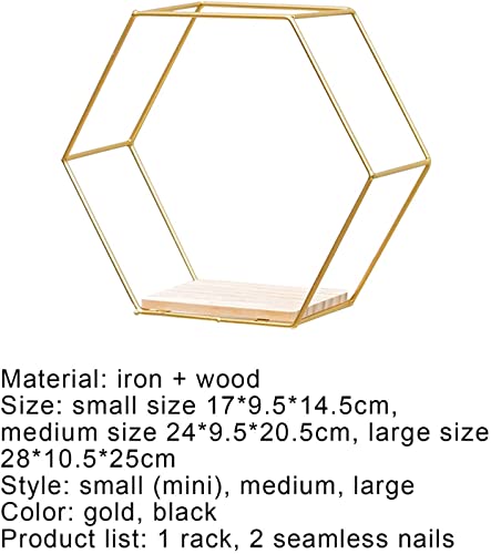 U-M Hexagon Floating Wood Book Shelves, Iron Storage Holder Wall-Mounted Multifunctional Nordic Style Geometric Firm Hexagonal Shelf for Home Bedroom Bathroom Black S1 Nice Design