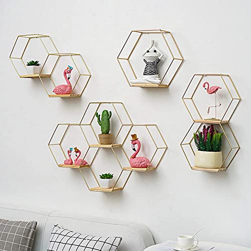 U-M Hexagon Floating Wood Book Shelves, Iron Storage Holder Wall-Mounted Multifunctional Nordic Style Geometric Firm Hexagonal Shelf for Home Bedroom Bathroom Black S1 Nice Design