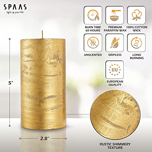 SPAAS Rustic Gold Pillar Candles - 2.8" X 5" Decorative Gold Candles - 2 Pack Metallic Pillar Candles - Dripless Unscented Rustic Pillar Candles for Home Decoration, Party, Wedding, and Holiday