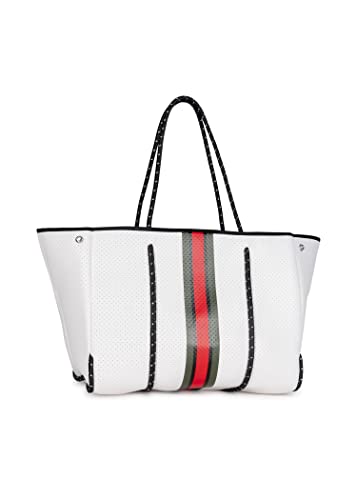 Haute Shore - Greyson Trento Neoprene Tote Bag w/Zipper Wristlet Inside, White Coated W/Red, Black & Green Stripe