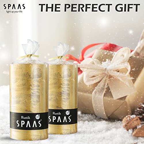 SPAAS Rustic Gold Pillar Candles - 2.8" X 5" Decorative Gold Candles - 2 Pack Metallic Pillar Candles - Dripless Unscented Rustic Pillar Candles for Home Decoration, Party, Wedding, and Holiday