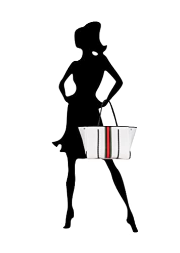 Haute Shore - Greyson Trento Neoprene Tote Bag w/Zipper Wristlet Inside, White Coated W/Red, Black & Green Stripe