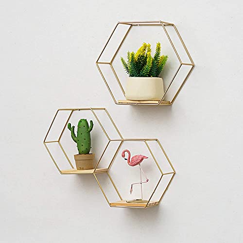 U-M Hexagon Floating Wood Book Shelves, Iron Storage Holder Wall-Mounted Multifunctional Nordic Style Geometric Firm Hexagonal Shelf for Home Bedroom Bathroom Black S1 Nice Design
