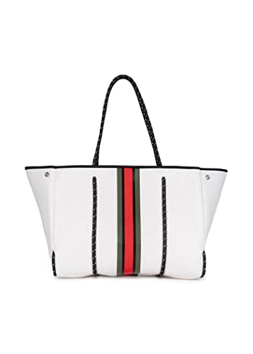 Haute Shore - Greyson Trento Neoprene Tote Bag w/Zipper Wristlet Inside, White Coated W/Red, Black & Green Stripe