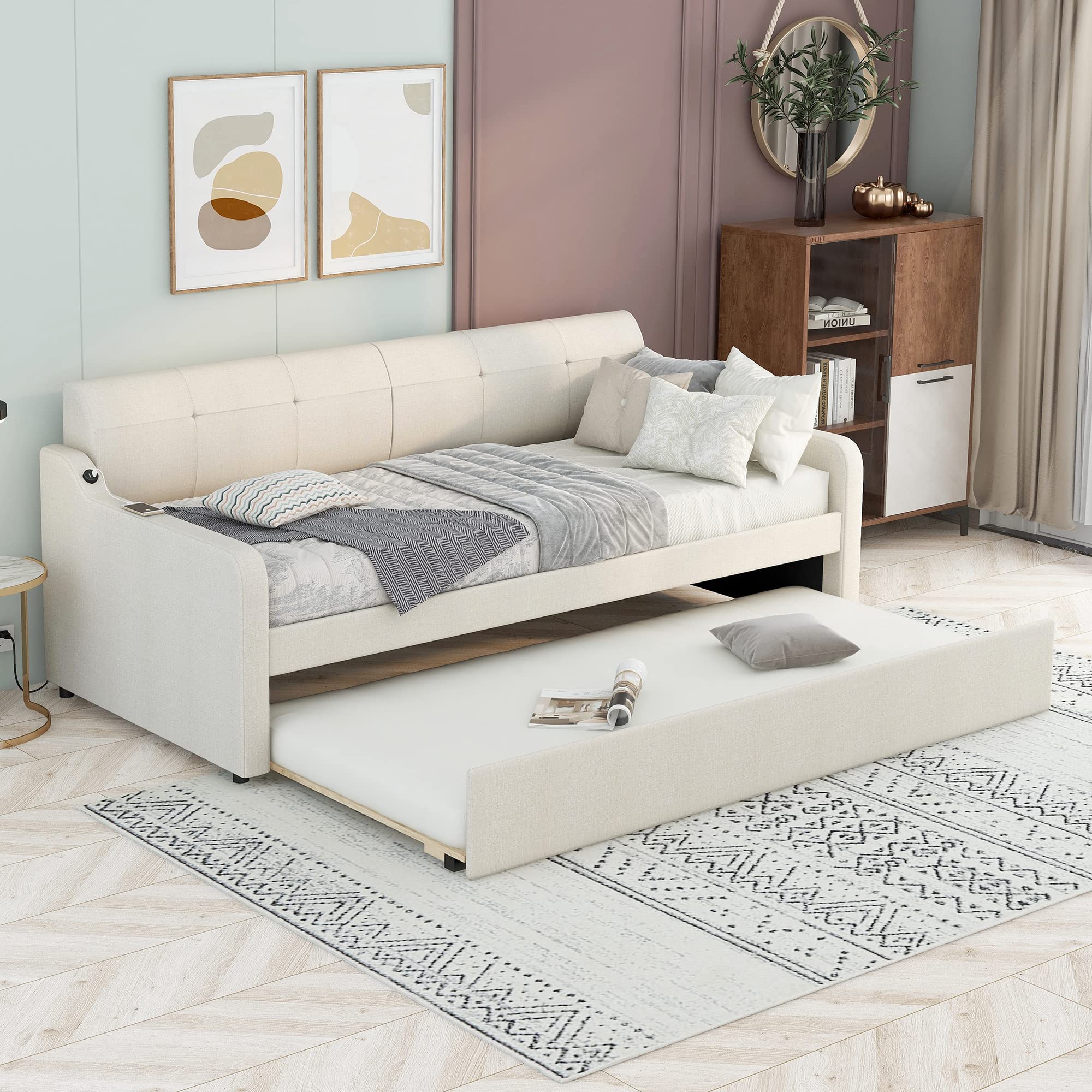 Bellemave Extending Upholstered Daybed with Trundle and USB Charging Stations, Day Bed with Pop Up Trundle Bed, Expandable Daybed Twin Size Trundle Solid Wood, Pull Out Trundle Bed Frame, Beige