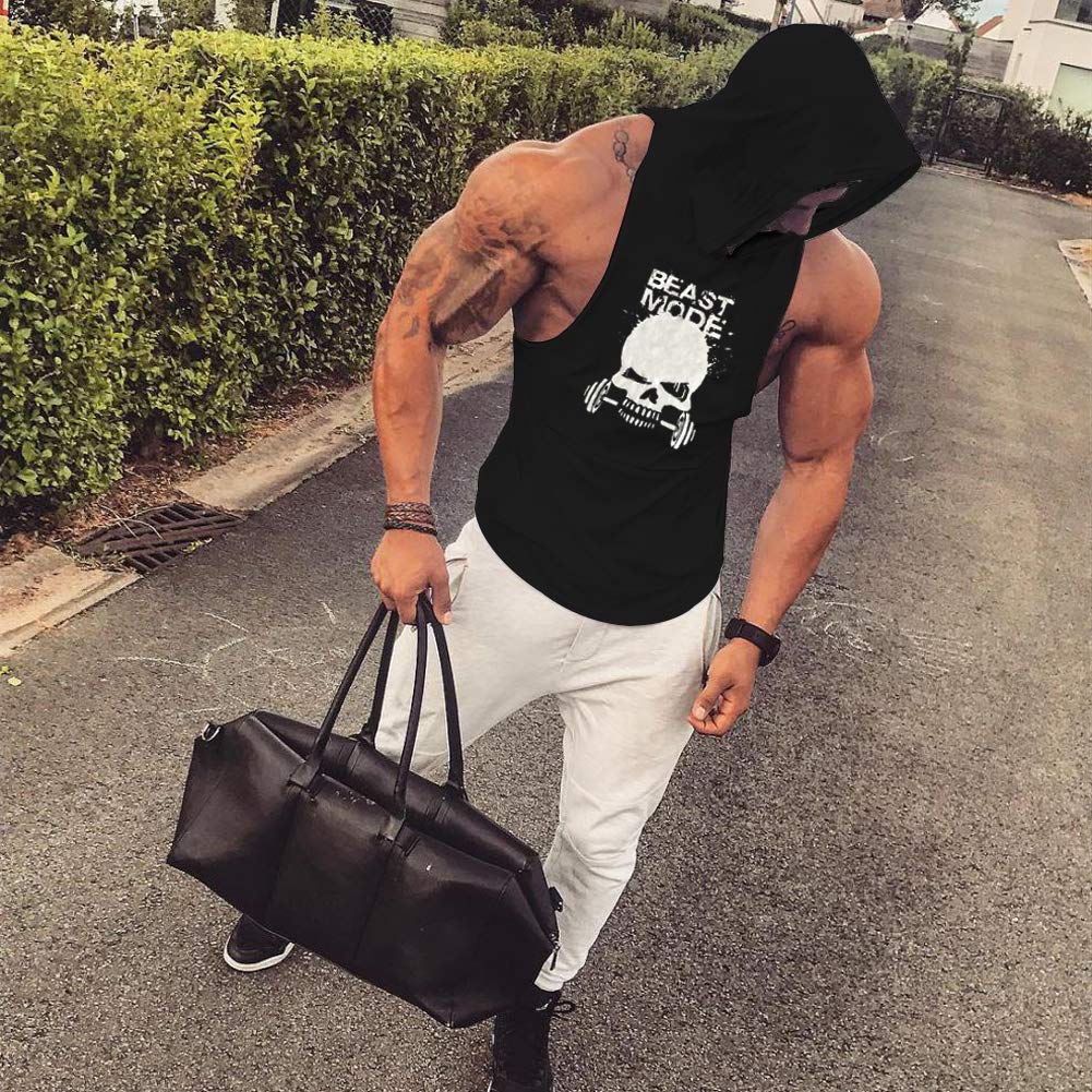 SZKANI Mens Skull Print Sleeveless Fitness Vest Bodybuilding Stringers Workout Tank Tops (Medium, Black(Single Dumbbell))