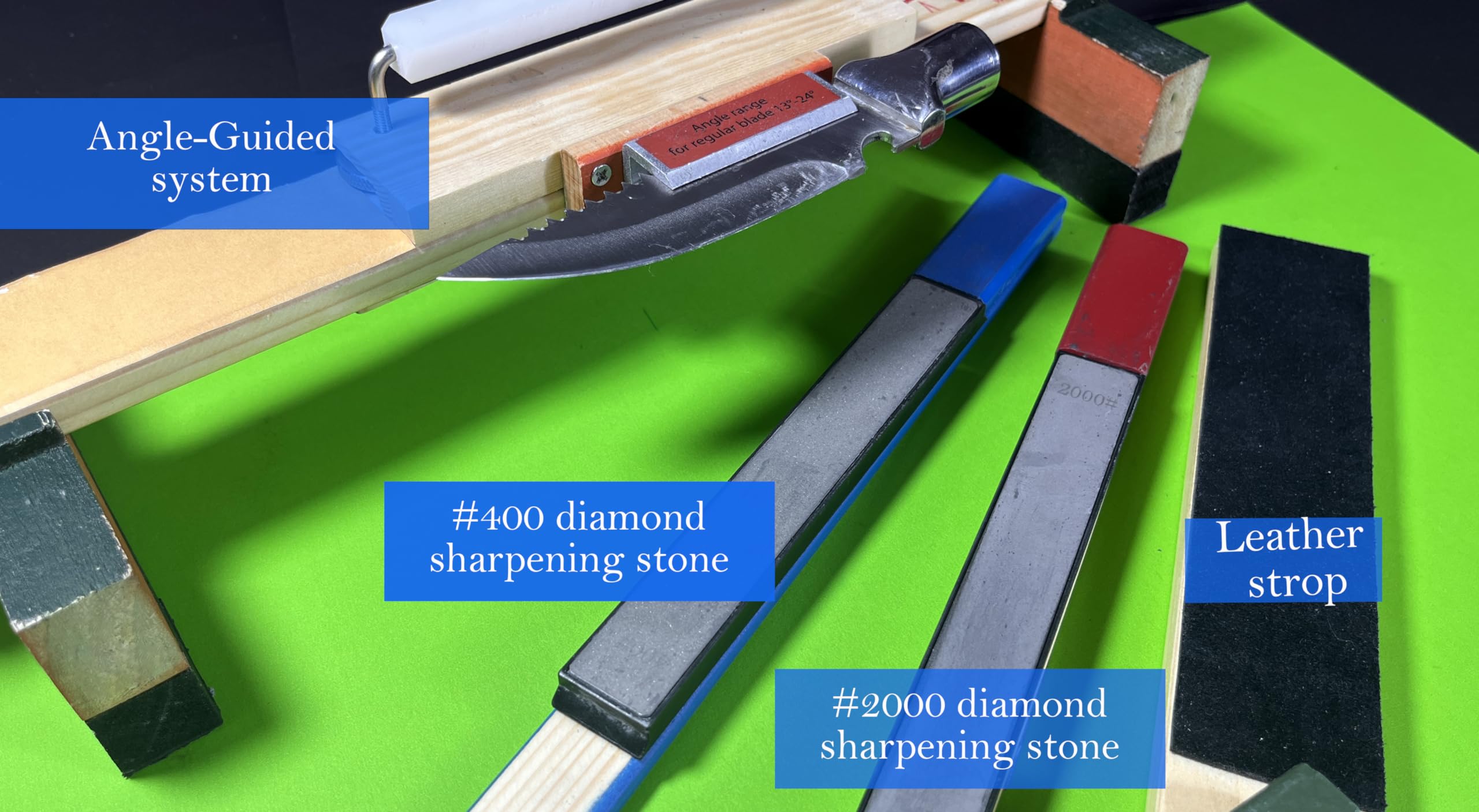 Knife Sharpener tool Sharpening Kit Professional Knife sharpening System Angle fixed adjustable guided diamond sharpening stones for kitchen camping hunting knives. Jig and Stropping leather compound.