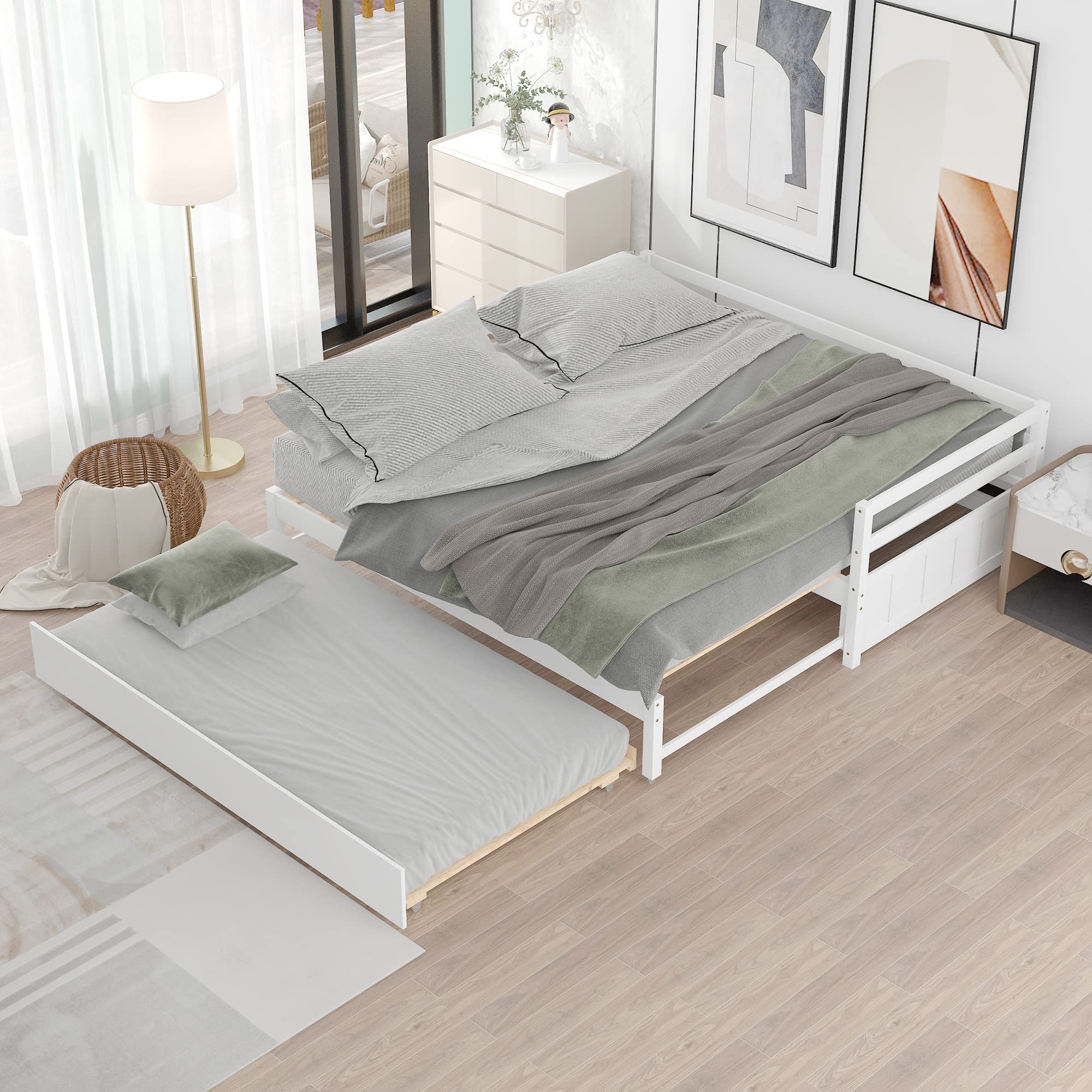 LUSPAZ Twin to Double Twin Daybed with Trundle Platform and Headboard for 3 People, White
