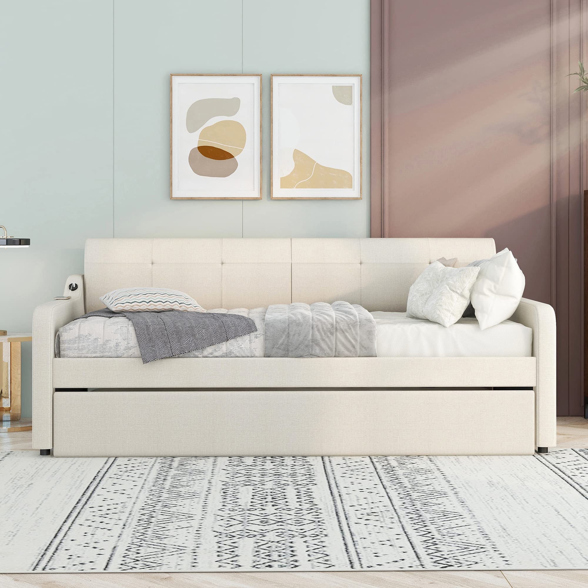 Bellemave Extending Upholstered Daybed with Trundle and USB Charging Stations, Day Bed with Pop Up Trundle Bed, Expandable Daybed Twin Size Trundle Solid Wood, Pull Out Trundle Bed Frame, Beige