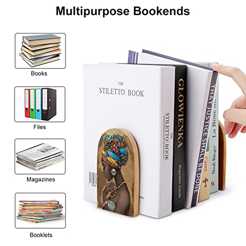 Hon-Lally Afro African American Woman Pattern Wood Bookends Decorative Bookend Non-Skid Office Book Stand for Books Office Files Magazine, One Size
