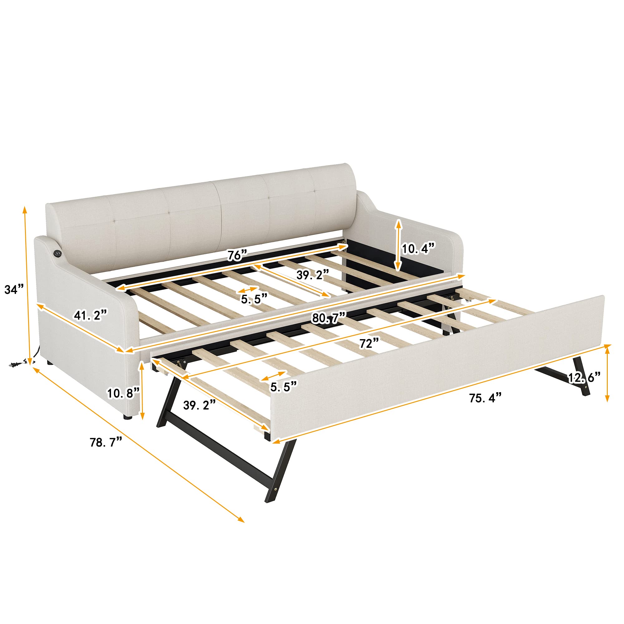 Bellemave Extending Upholstered Daybed with Trundle and USB Charging Stations, Day Bed with Pop Up Trundle Bed, Expandable Daybed Twin Size Trundle Solid Wood, Pull Out Trundle Bed Frame, Beige
