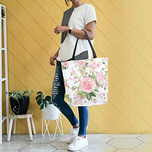 ALAZA Pink Rose Flower Large Canvas Tote Bag Floral Shopping Shoulder Handbag with Small Zippered Pocket