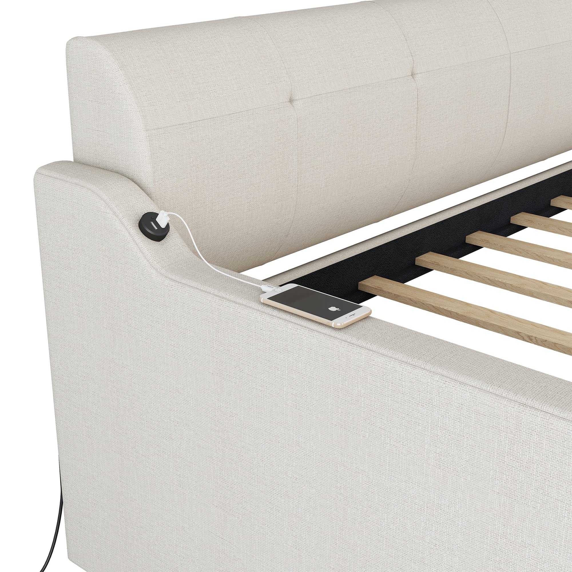 Bellemave Extending Upholstered Daybed with Trundle and USB Charging Stations, Day Bed with Pop Up Trundle Bed, Expandable Daybed Twin Size Trundle Solid Wood, Pull Out Trundle Bed Frame, Beige