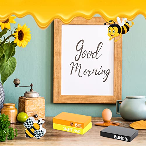 4 Pieces Wood Decorative Book Stack Mini Faux Tiered Tray Wood Books Reversible Sign Rustic Bookshelf Decor for St. Patrick's Day Easter Bee Lemon Holiday Party (Bee Style)