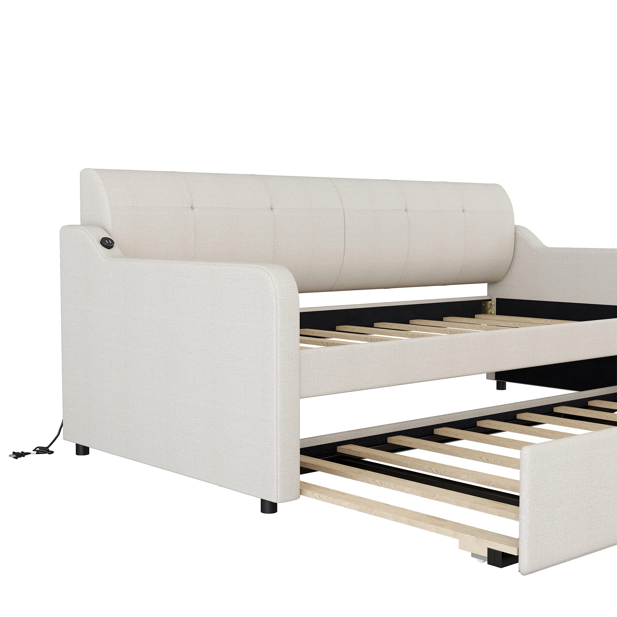 Bellemave Extending Upholstered Daybed with Trundle and USB Charging Stations, Day Bed with Pop Up Trundle Bed, Expandable Daybed Twin Size Trundle Solid Wood, Pull Out Trundle Bed Frame, Beige