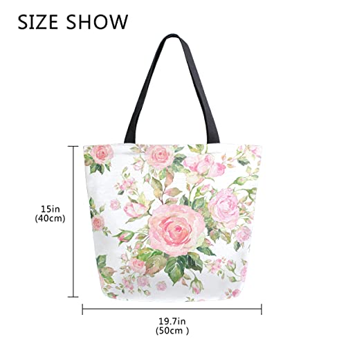 ALAZA Pink Rose Flower Large Canvas Tote Bag Floral Shopping Shoulder Handbag with Small Zippered Pocket