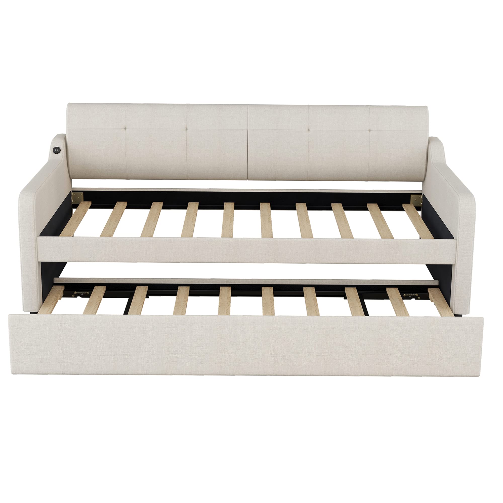 Bellemave Extending Upholstered Daybed with Trundle and USB Charging Stations, Day Bed with Pop Up Trundle Bed, Expandable Daybed Twin Size Trundle Solid Wood, Pull Out Trundle Bed Frame, Beige