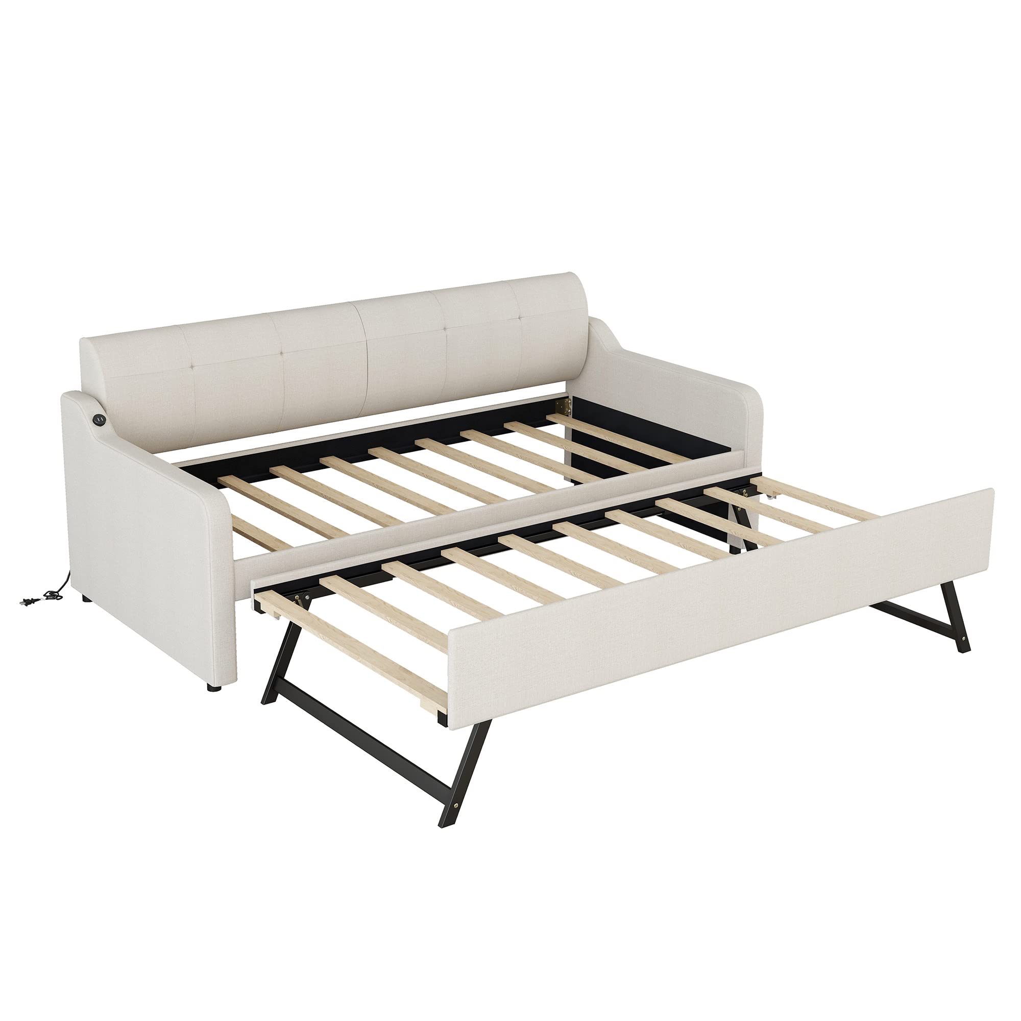 Bellemave Extending Upholstered Daybed with Trundle and USB Charging Stations, Day Bed with Pop Up Trundle Bed, Expandable Daybed Twin Size Trundle Solid Wood, Pull Out Trundle Bed Frame, Beige