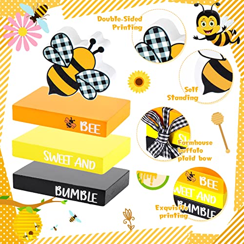 4 Pieces Wood Decorative Book Stack Mini Faux Tiered Tray Wood Books Reversible Sign Rustic Bookshelf Decor for St. Patrick's Day Easter Bee Lemon Holiday Party (Bee Style)