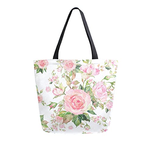 ALAZA Pink Rose Flower Large Canvas Tote Bag Floral Shopping Shoulder Handbag with Small Zippered Pocket