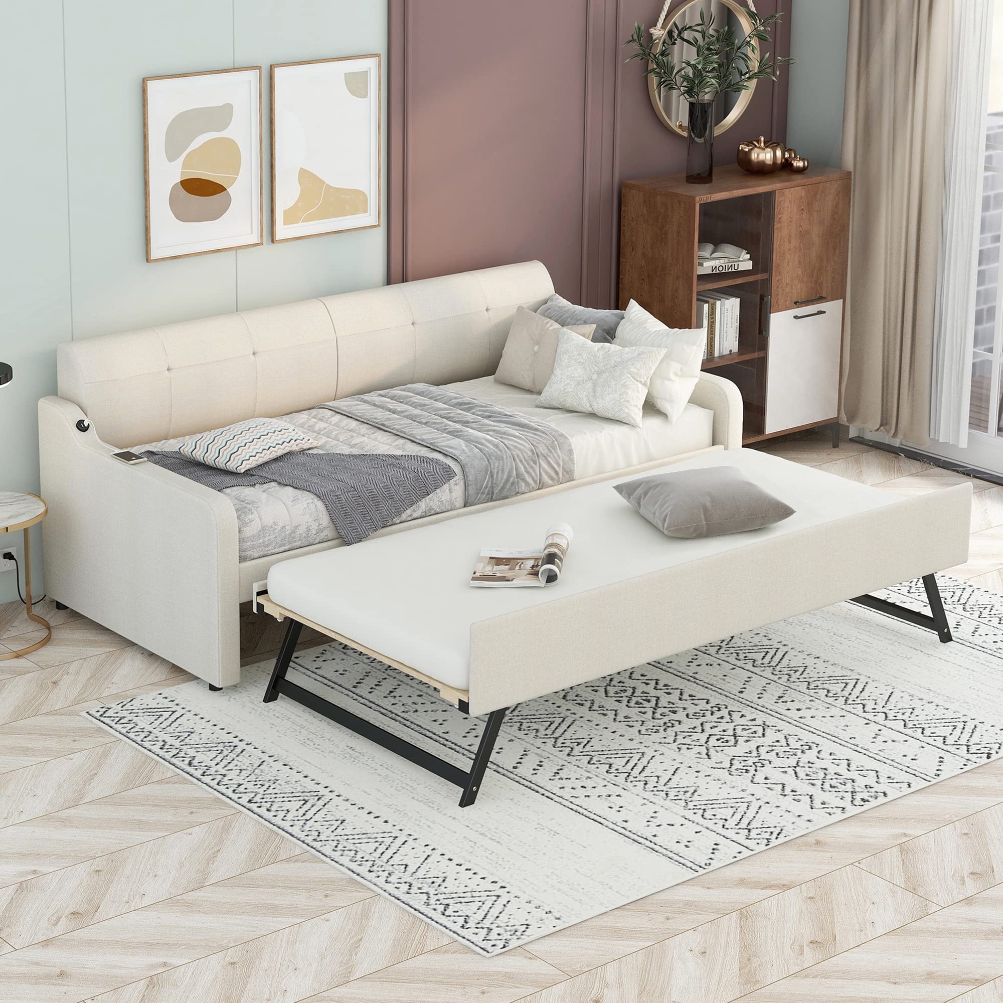 Bellemave Extending Upholstered Daybed with Trundle and USB Charging Stations, Day Bed with Pop Up Trundle Bed, Expandable Daybed Twin Size Trundle Solid Wood, Pull Out Trundle Bed Frame, Beige