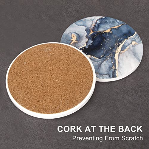 6 Pcs Abstract Blue Marble Ceramic Coasters with Holder Best Absorbent Drink Coasters Round Ceramic Table Coasters Set Decorative Coffee Cup Beverage Coasters Wine Beer Bar Coasters