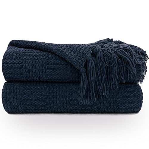 RECYCO Chenille Throw Blanket for Couch, Soft Cozy Knit Throw Blankets with Tassels, Woven Chenille Throw Blanket Knitted Blanket for Bed Sofa Chair, 50 x 60 Inches, Navy Blue, Laundry Bag Included