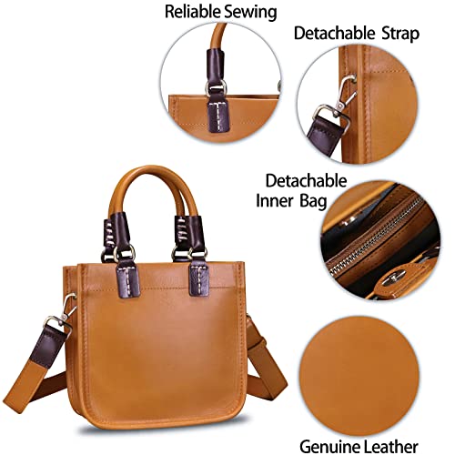Genuine Leather Small Phone Bag Top Handle Handbag for Women Little Vintage Shoulder Bag Handmade Tiny Crossbody Satchel (Brown)