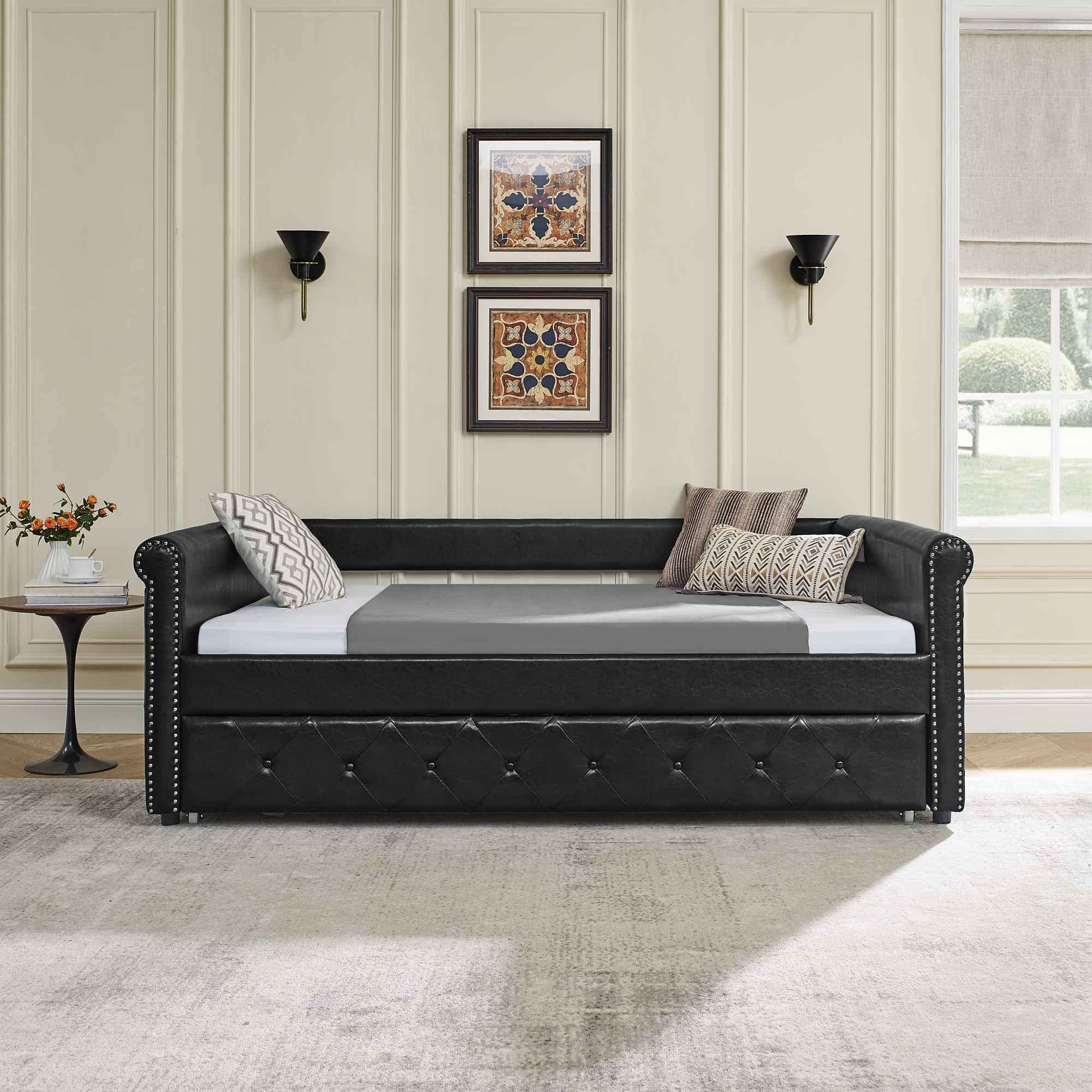 ATY Full Size Daybed with Twin Trundle, Upholstered Sofa Bed Design w/Button Tufted & Copper Nail, Perfect for Bedroom, Guestroom, Living Room, No Spring Box Needed, Black
