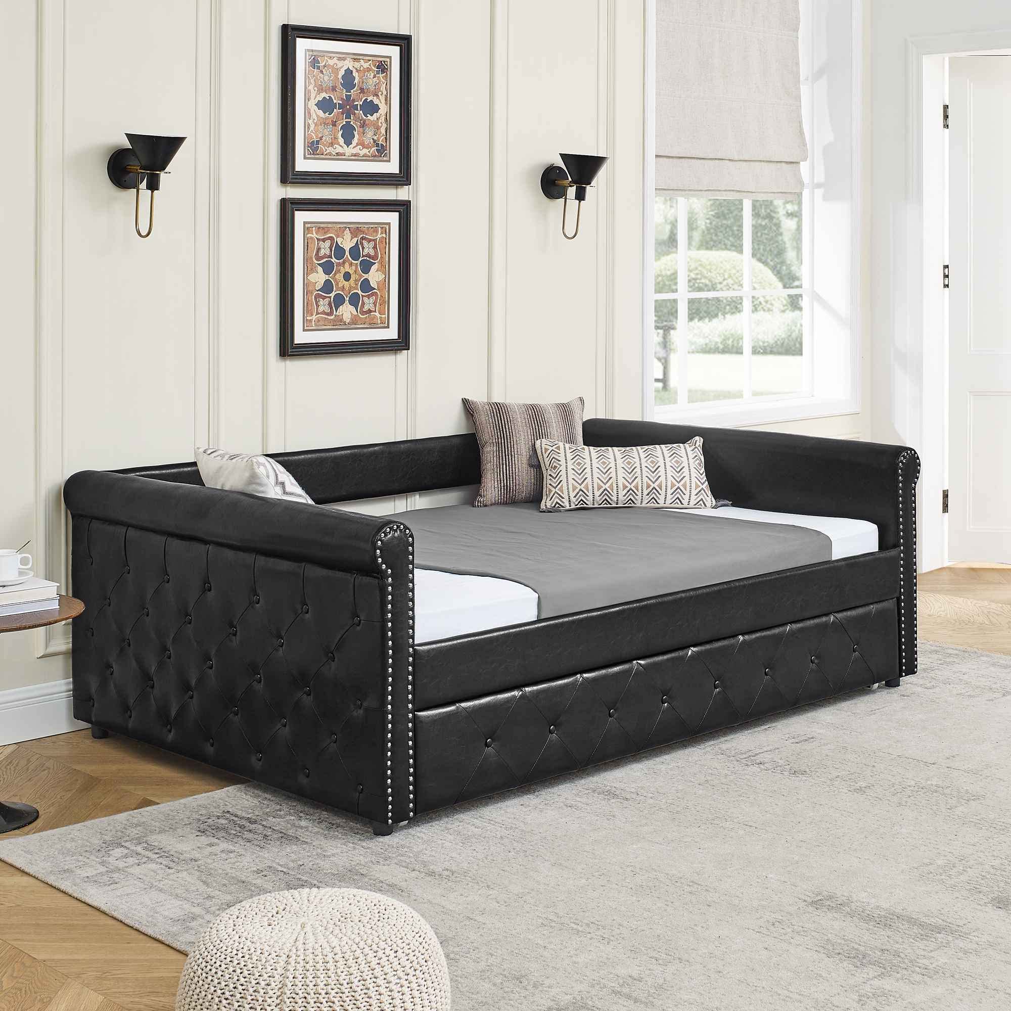 ATY Full Size Daybed with Twin Trundle, Upholstered Sofa Bed Design w/Button Tufted & Copper Nail, Perfect for Bedroom, Guestroom, Living Room, No Spring Box Needed, Black