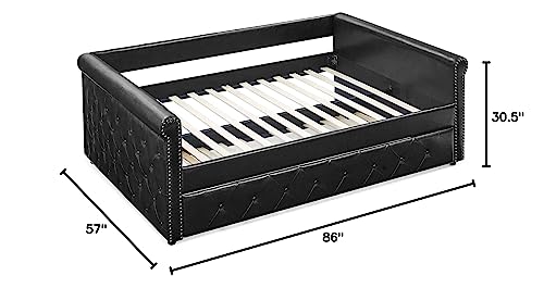 ATY Full Size Daybed with Twin Trundle, Upholstered Sofa Bed Design w/Button Tufted & Copper Nail, Perfect for Bedroom, Guestroom, Living Room, No Spring Box Needed, Black