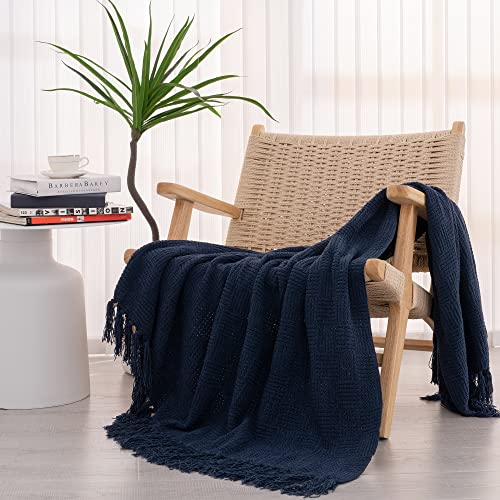 RECYCO Chenille Throw Blanket for Couch, Soft Cozy Knit Throw Blankets with Tassels, Woven Chenille Throw Blanket Knitted Blanket for Bed Sofa Chair, 50 x 60 Inches, Navy Blue, Laundry Bag Included